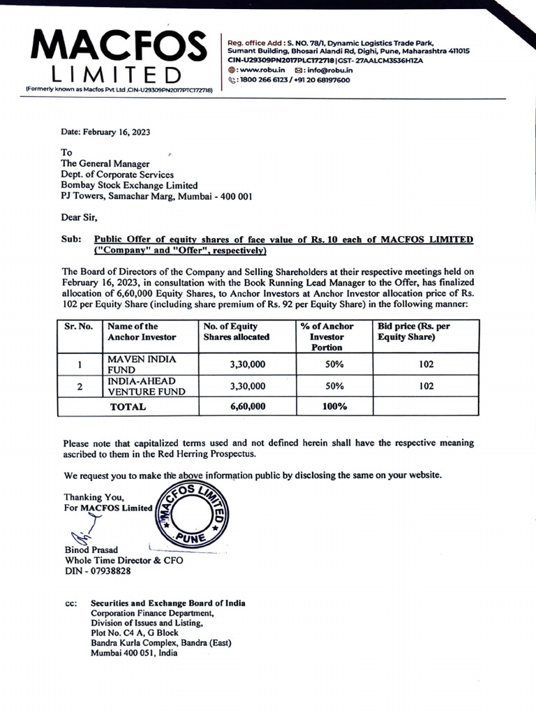Macfos - Company Intimation Letter | PDF | Stocks | Private Law