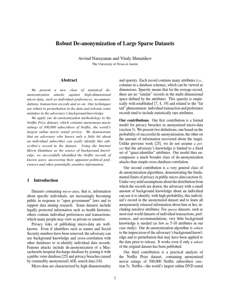 2008 02 Robust De-Anonymization of Large Sparse Datasets | PDF | Privacy | Sampling (Statistics)
