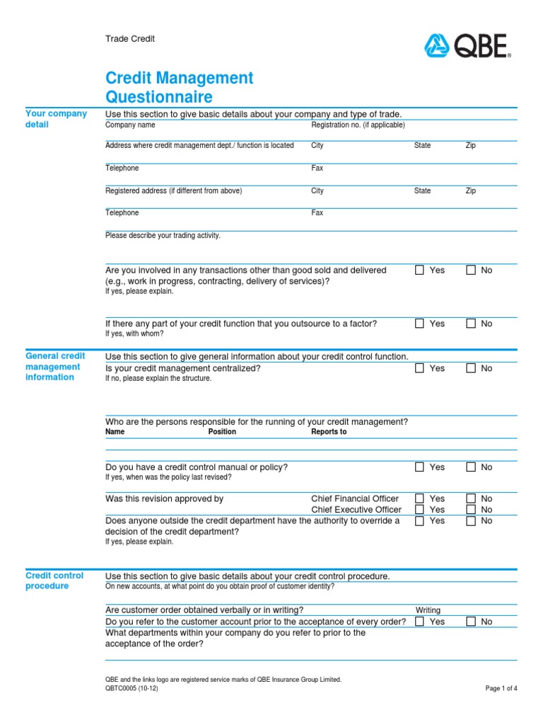 Credit Management Questionnaire Form | PDF | Credit | Finance & Money ...