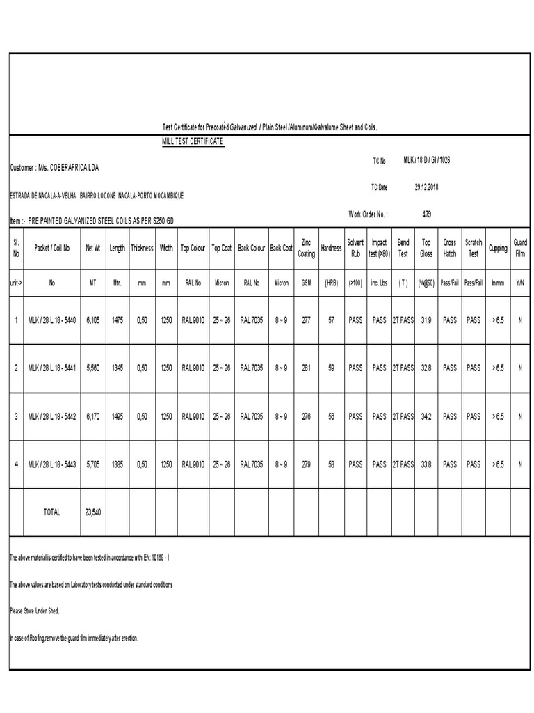 Certificado - RAL 9010 - 0.5mm | PDF | Metalworking | Physical Sciences