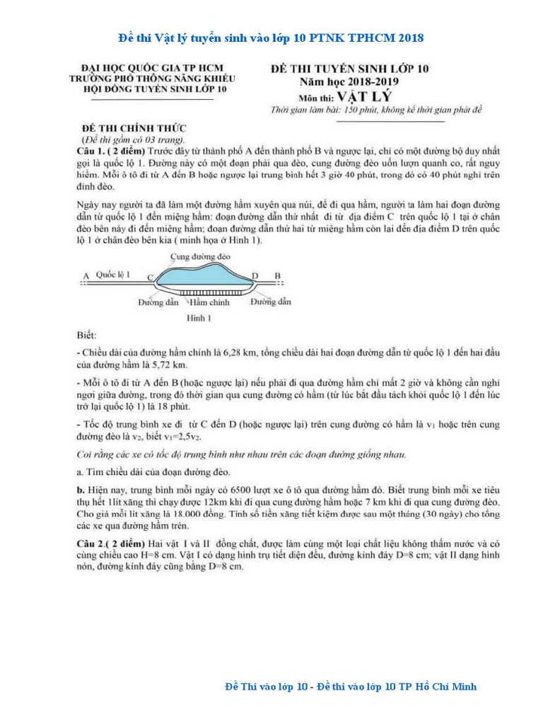 De Thi Vat Ly Tuyen Sinh Vao Lop 10 PTNK TPHCM 2018 | PDF