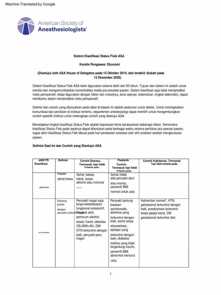 Asa Physical Status Classification System | PDF