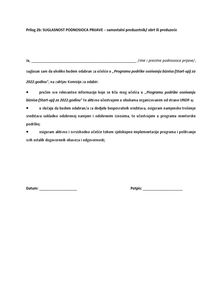 Prilog 2b SAGLASNOST PODNOSIOCA PRIJAVE - Samostalni Preduzetnik Obrt Ili Preduzece JP Start Up ...