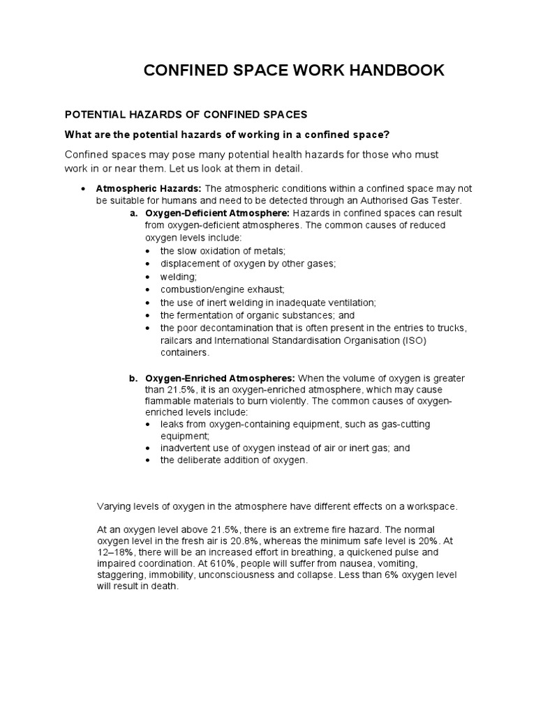 Confined Space Work Handbook - B | PDF | Combustion | Oxygen