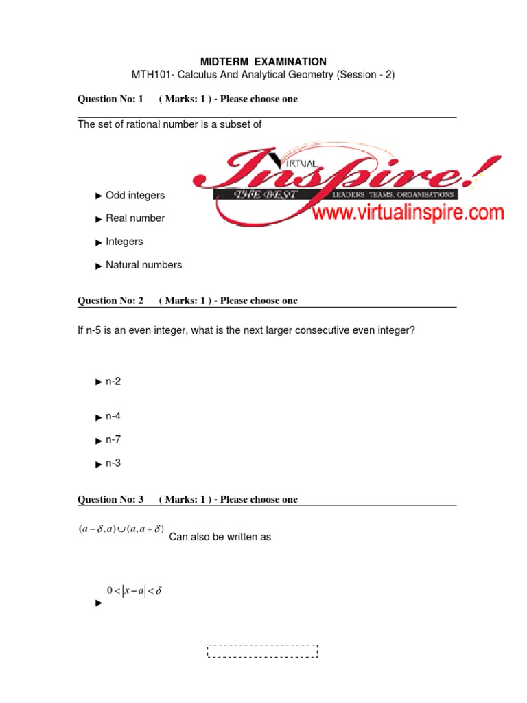 Mth101 02 Mid Paper Pdf Elementary Mathematics Mathematical Concepts