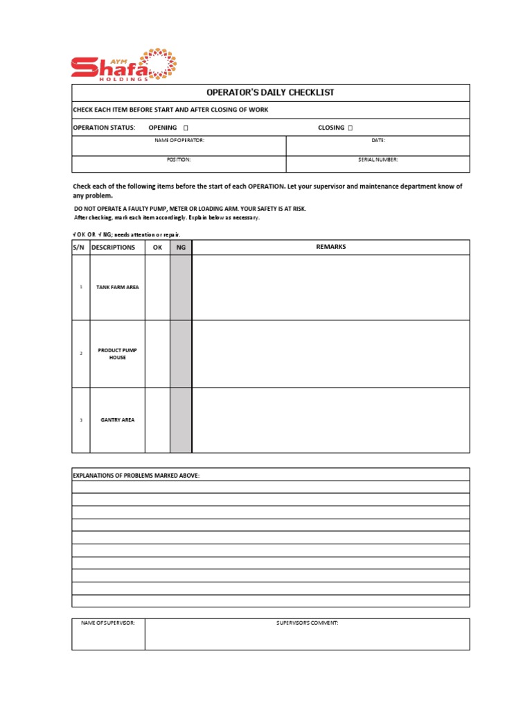 Operators Daily Checklist | PDF
