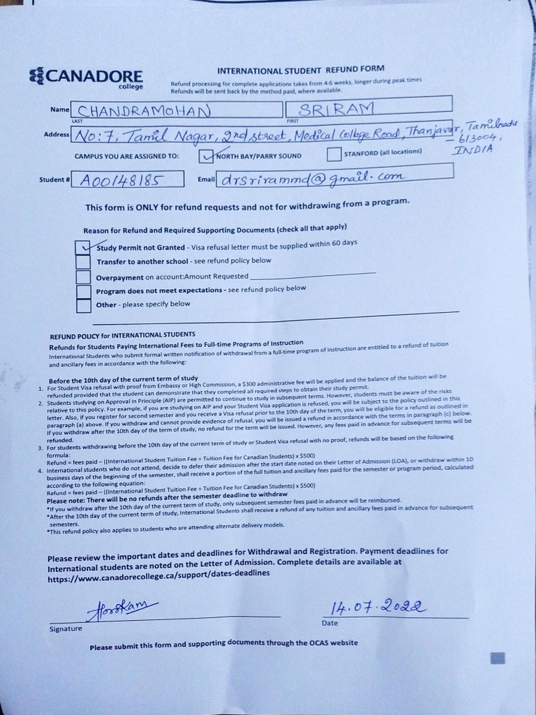 International Student Refund Form-A00148185-Sriram Chandramohan | PDF