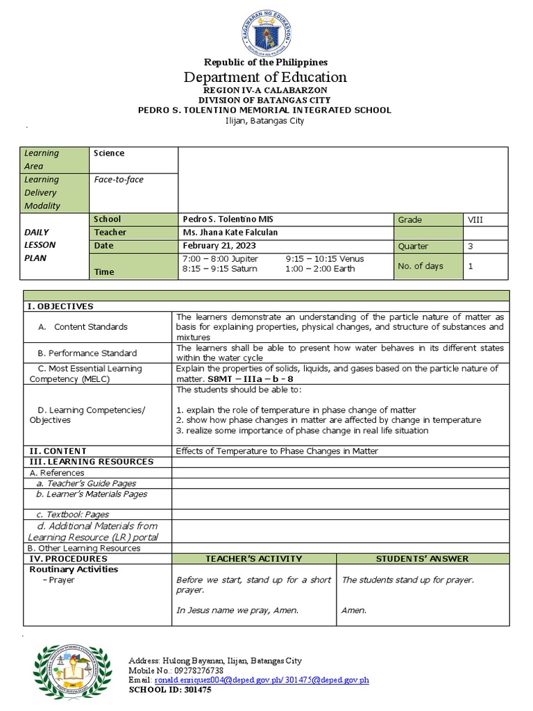 Effects of Temperature in Phase Change of Matter Detailed Lesson Plan ...