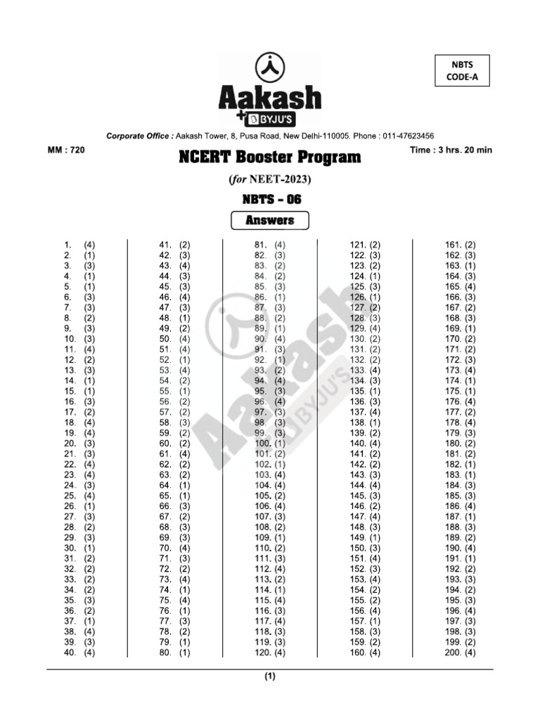 NCERT Booster Test Series NBTS For NEET 2023 Test 6 Sol 12 02 2023 | PDF NCERT Booster Test Series NBTS For NEET 2023 Test 6 Sol 12 02 2023 | PDF