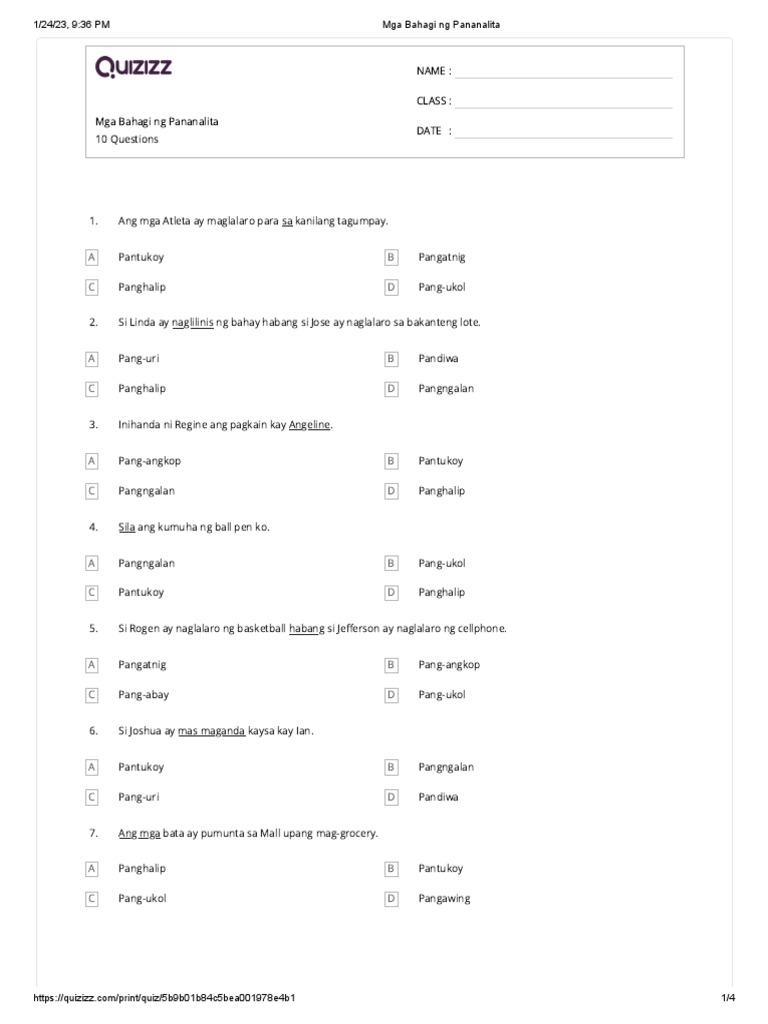 Mga Bahagi NG Pananalita Quiz | PDF