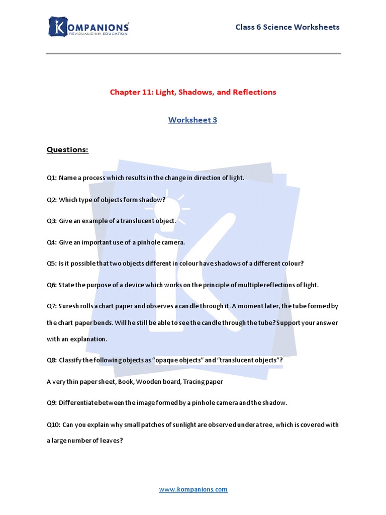 Class 6 Science Chapter 11 Light Shadows and Reflections Worksheet 3 | PDF