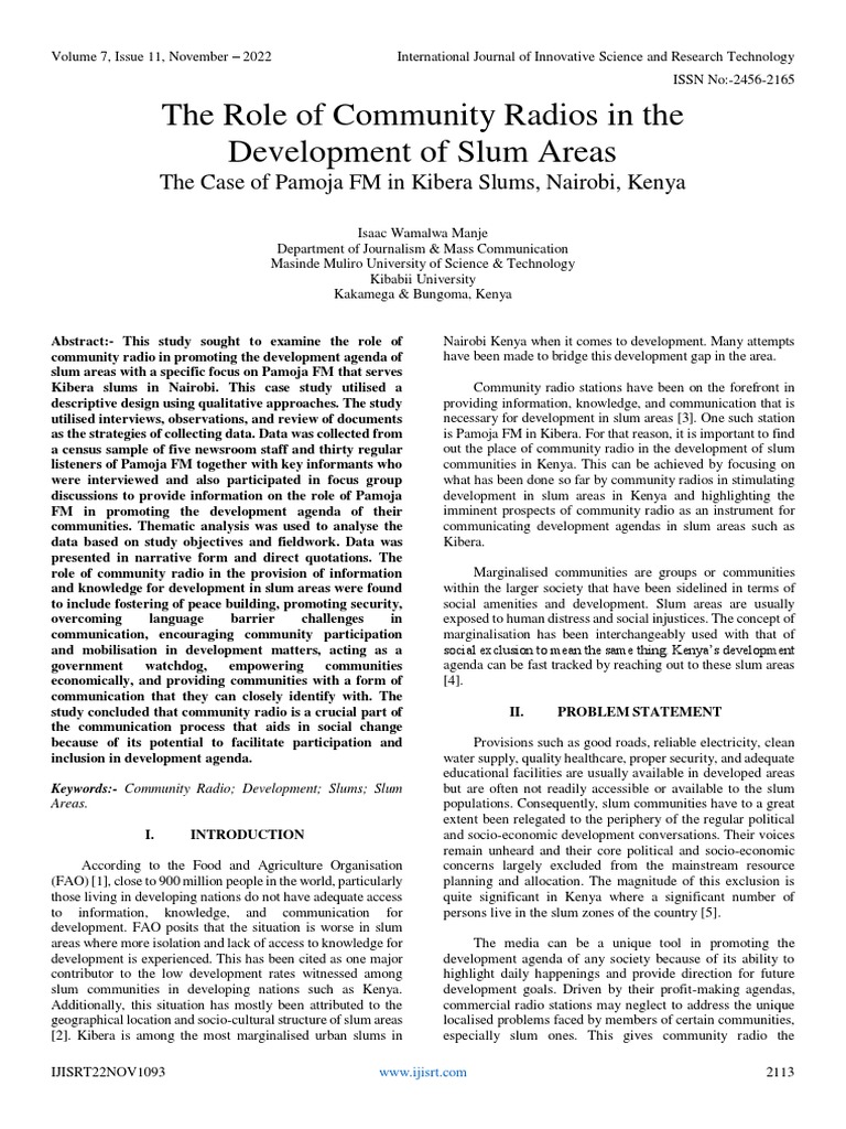 The Role of Community Radios in The Development of Slum Areas The Case ...