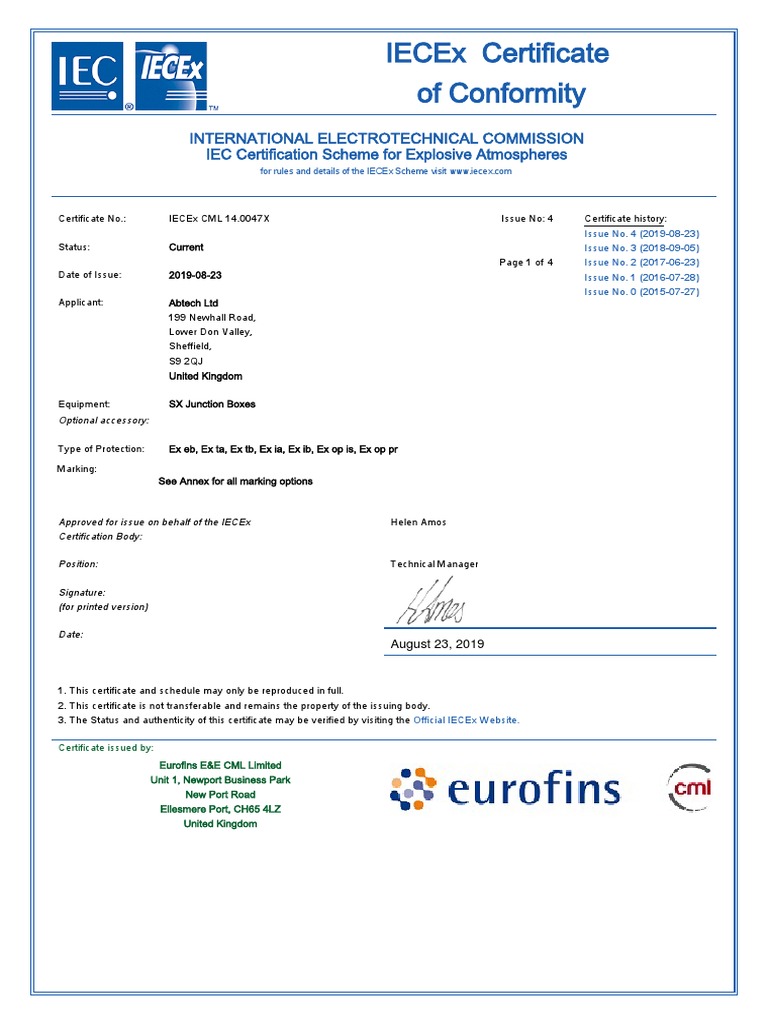 IECEx CML 14.0047X Iss 4 Signed | PDF | Electrical Connector ...