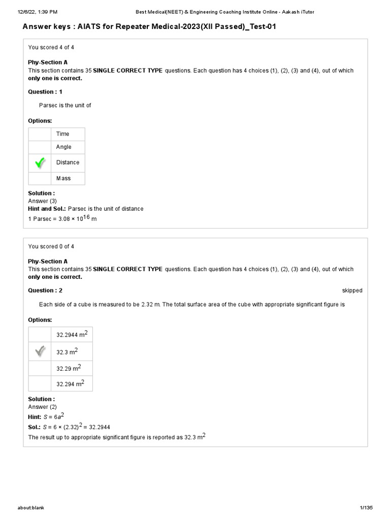 RM AIATS 1 Answerkey and Solutions | PDF | Acceleration | Metrology