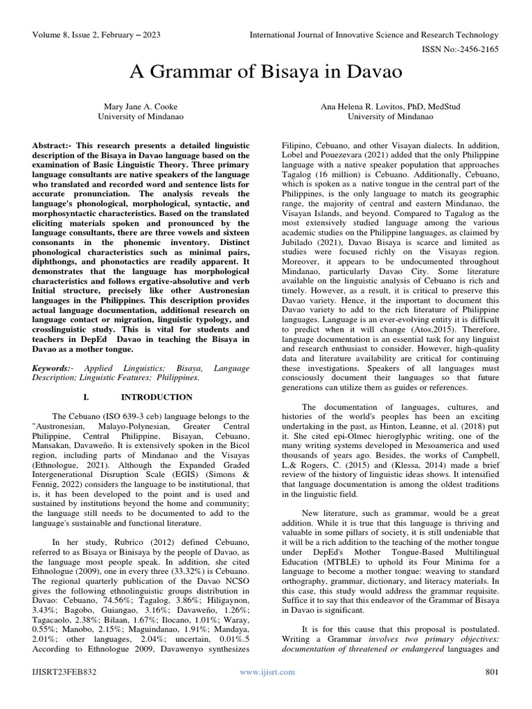 Grammar of Davao Bisaya Language | PDF | Word | Morphology (Linguistics)