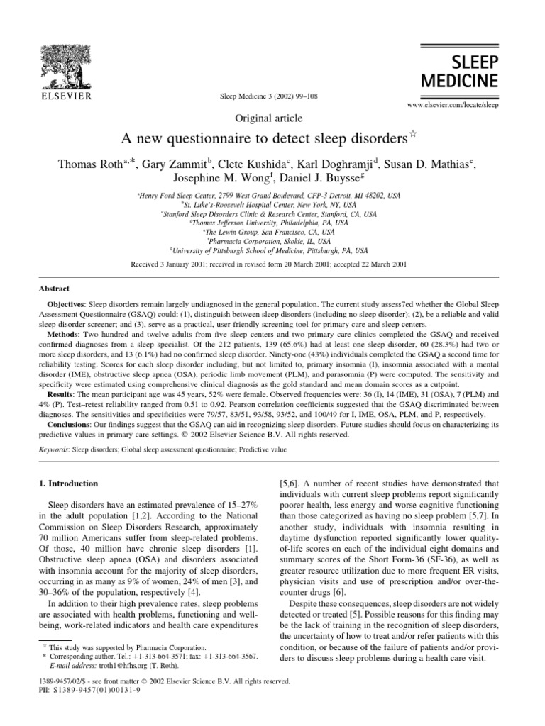 Roth 2002 - A New Questionnaire To Detect Sleep Disorders | PDF ...