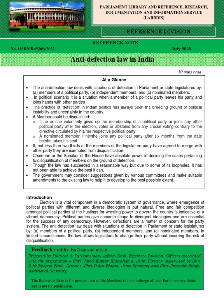 Anti-Defection Law in India: Reference Division | PDF | Justice | Crime ...