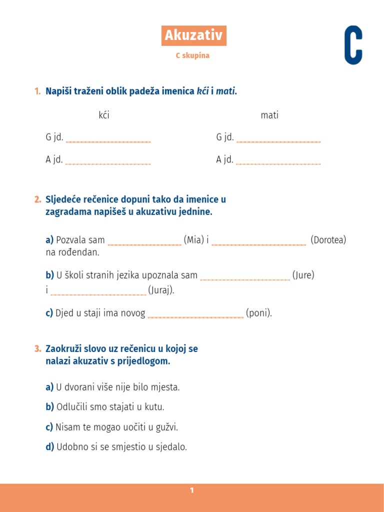 Akuzativ E28093 ListiC487 Za VjeC5BEbu E28093 Dopunska Nastava | PDF