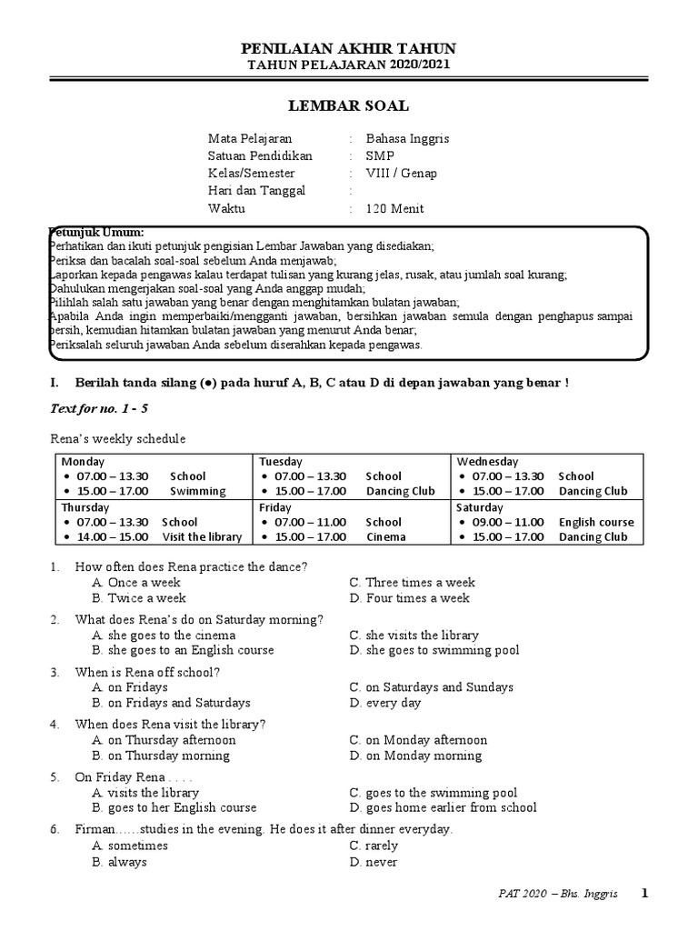 Soal Pat B Ing 8 | PDF