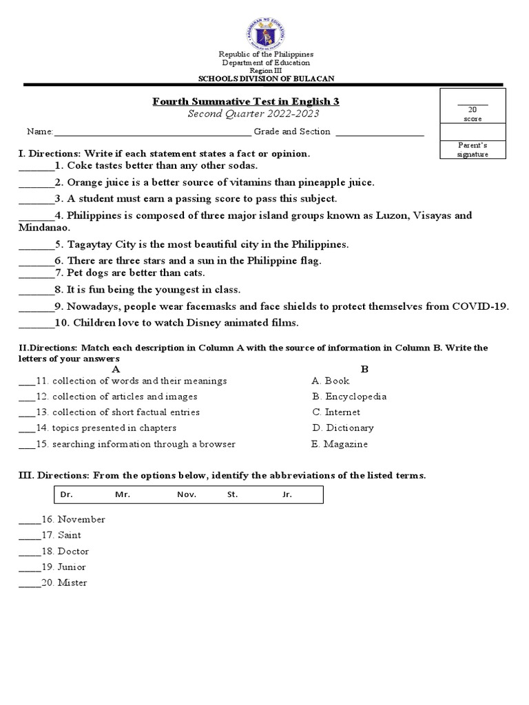Grade 3 English 2nd Quarter Test | PDF