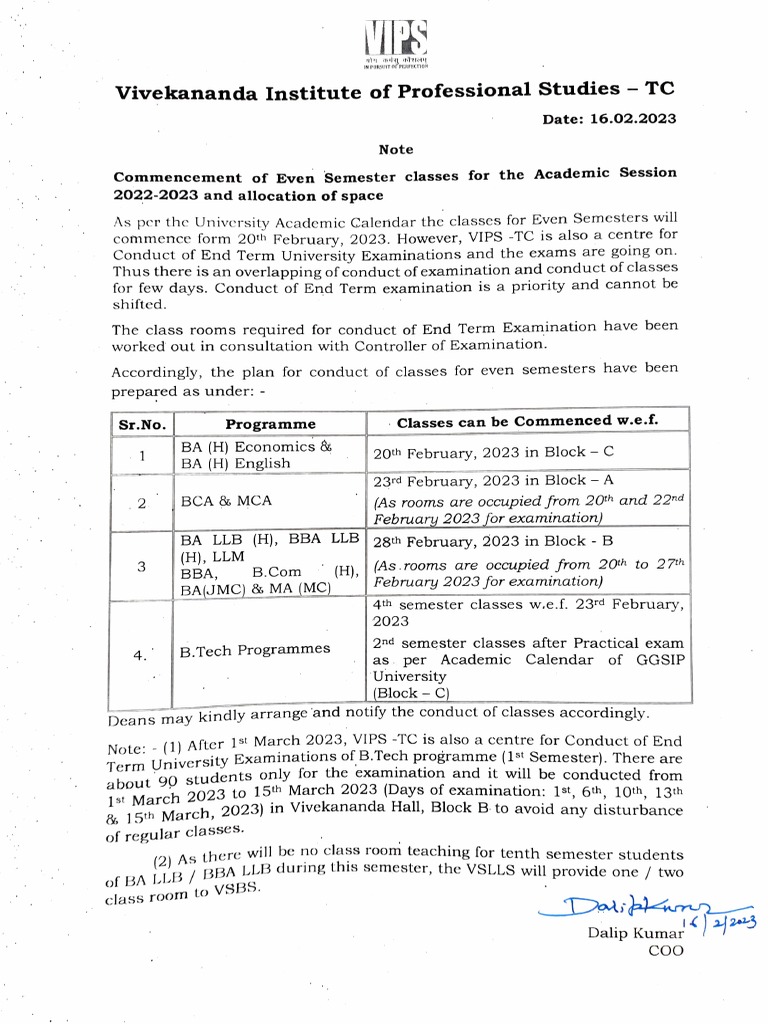 Commencement of Even Semester Classes For The Academic Session 2022 ...