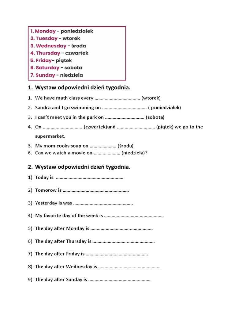 Dni Tygodnia Po Angielsku Ćwiczenia | PDF