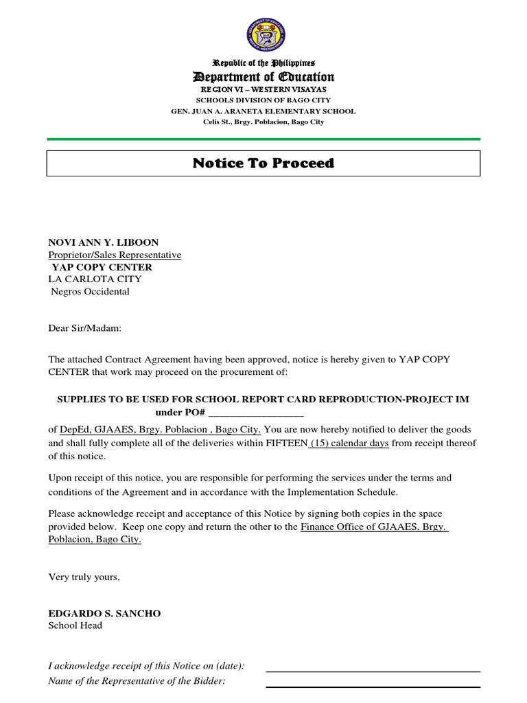 Notice to Proceed for School Supplies | PDF