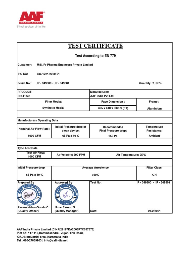 Test Certificate: Test According To EN 779 | PDF