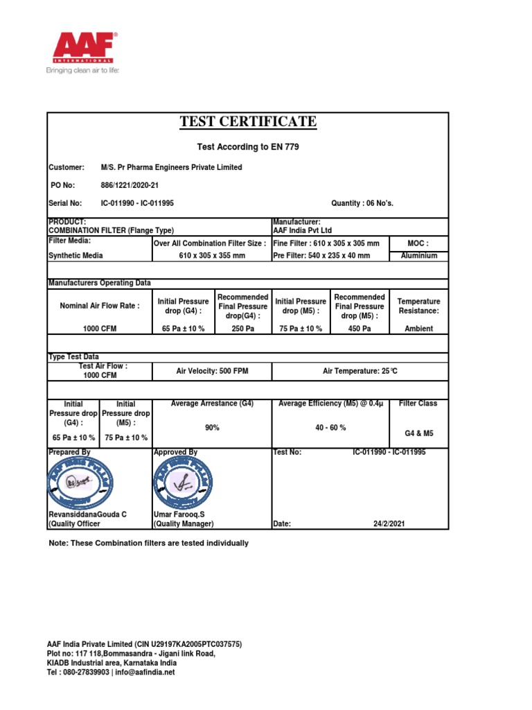Test Certificate: Test According To EN 779 | PDF | Gas Technologies ...
