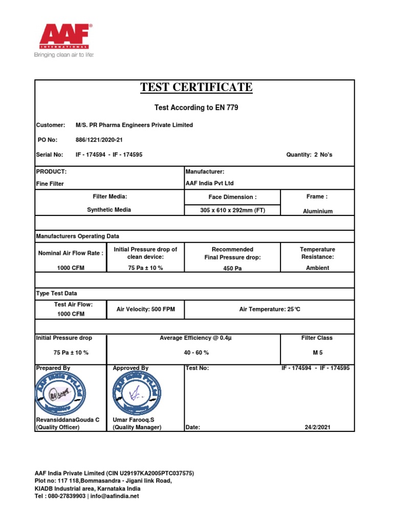 Test Certificate: Test According To EN 779 | PDF