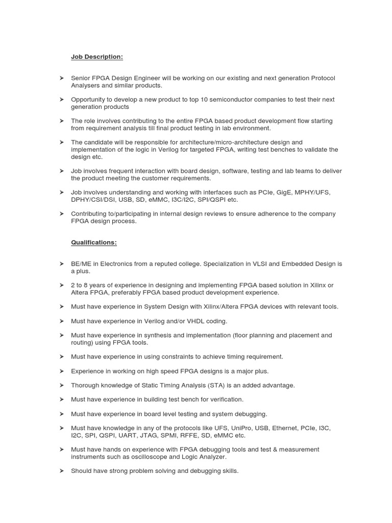 SR - Fpga Design Engineer Job Description | PDF | Computers
