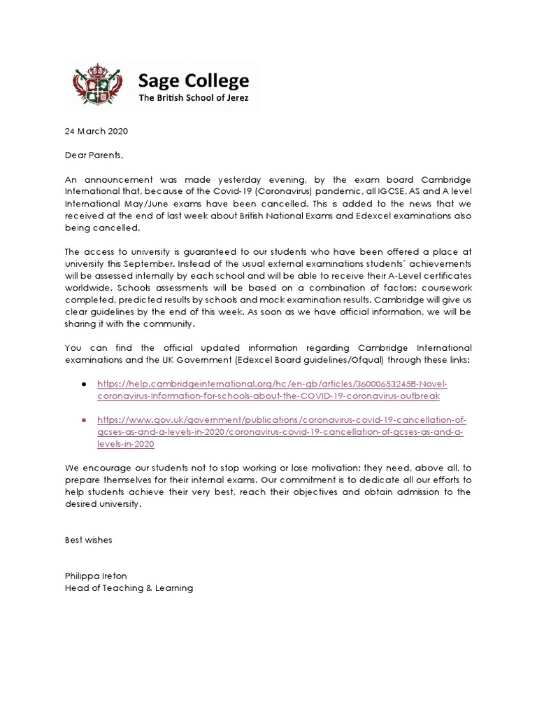 Exam Cancellation Letter | PDF | Gce Advanced Level (United Kingdom ...