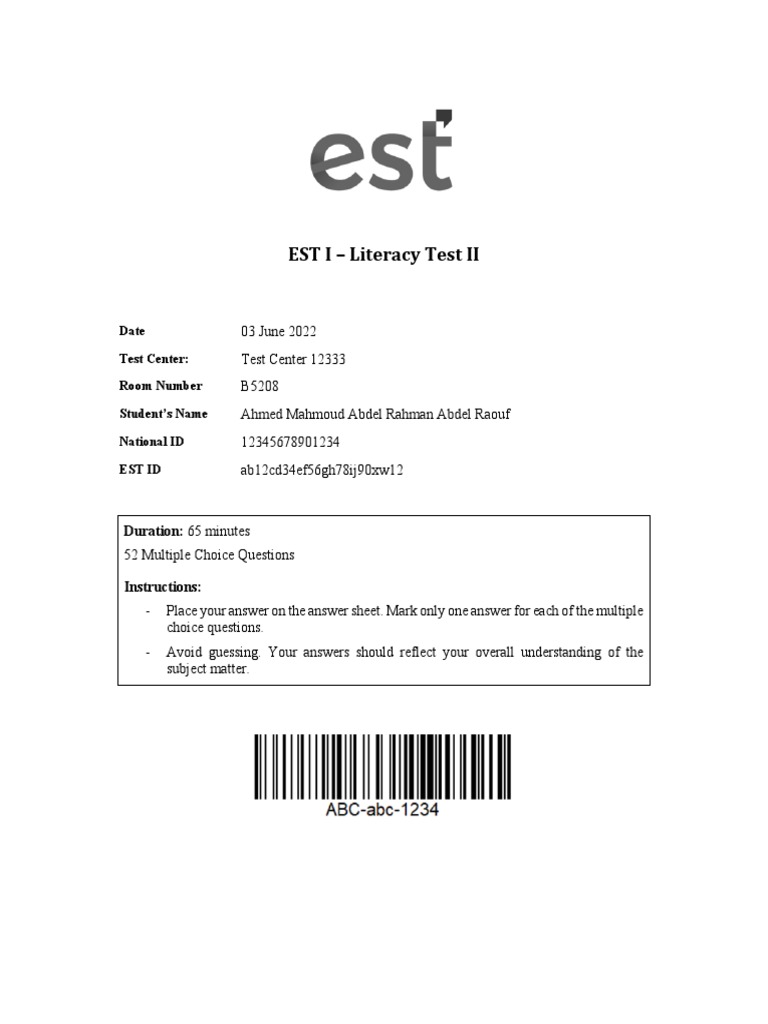 EST I - Literacy 2 - June 2022 | PDF