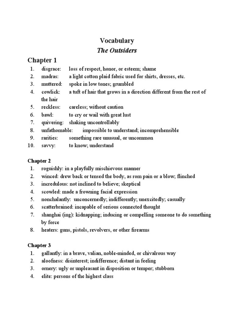 Vocabulary List for The Outsiders | PDF | Metaphysics Of Mind ...