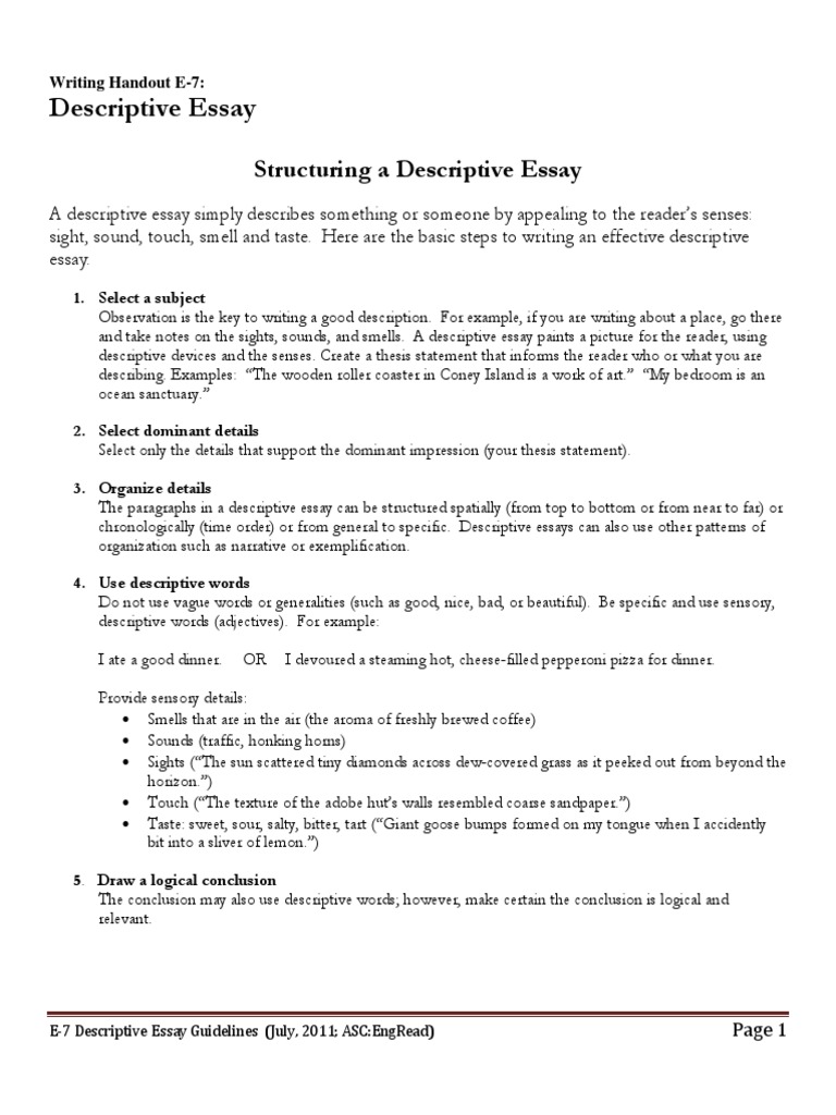 Descriptive Essay Example For Grade 7.2 | PDF | Taste | Essays
