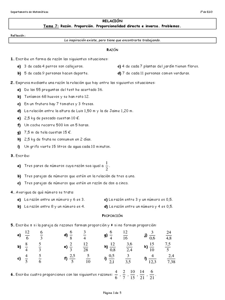 Relación Tema 7. Razón y Proporción. Proporcionalidad Directa e Inversa ...
