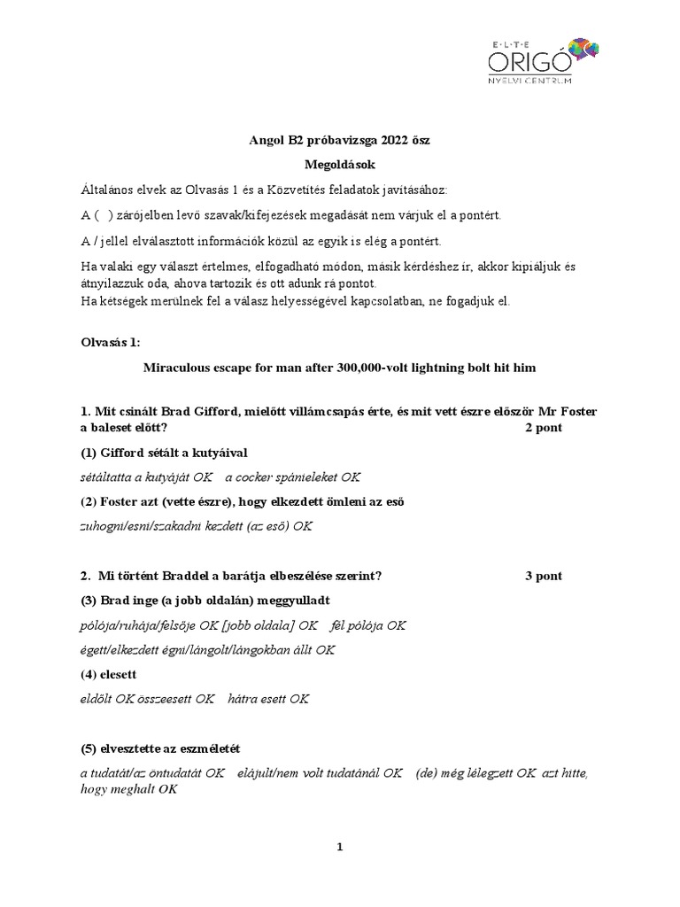 Próbavizsga Írásbeli Angol B2 Kulcs 2022 | PDF
