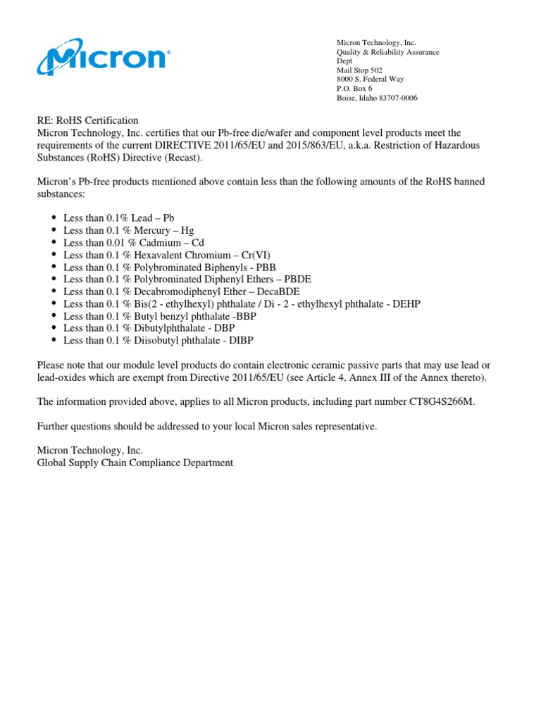 RoHS Certificate CT8G4S266M | PDF