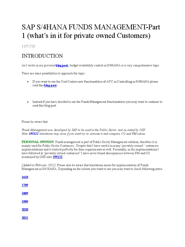 SAP S/4HANA Funds Management Guide | PDF | Investment Management ...