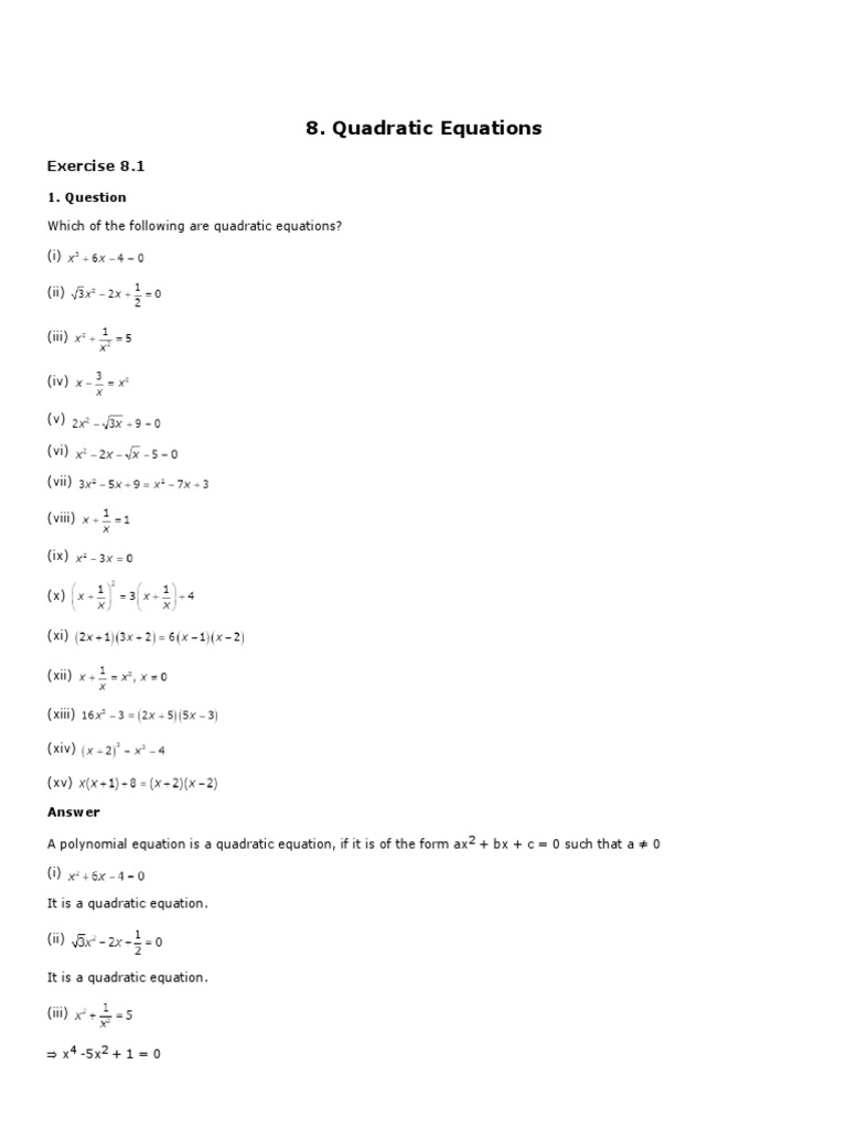Determining Quadratic Equations and Solving Problems Involving Quadratic Equations | PDF ...