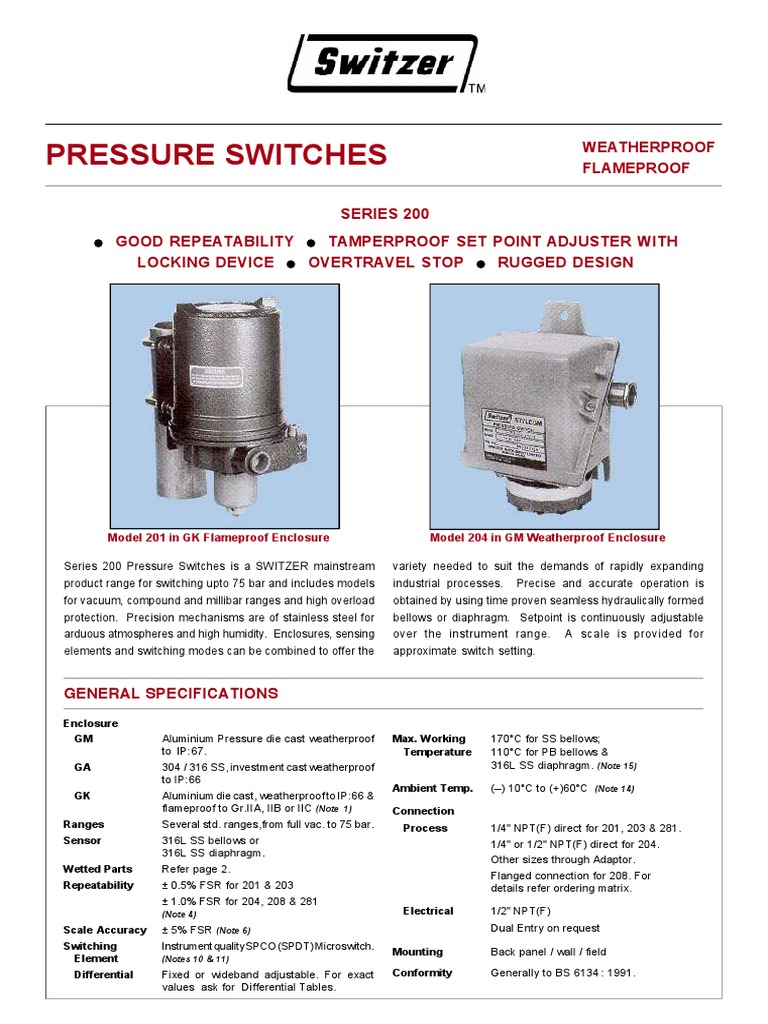 Switzer Series 200 Pressure Switches | PDF | Switch | Electrical Connector
