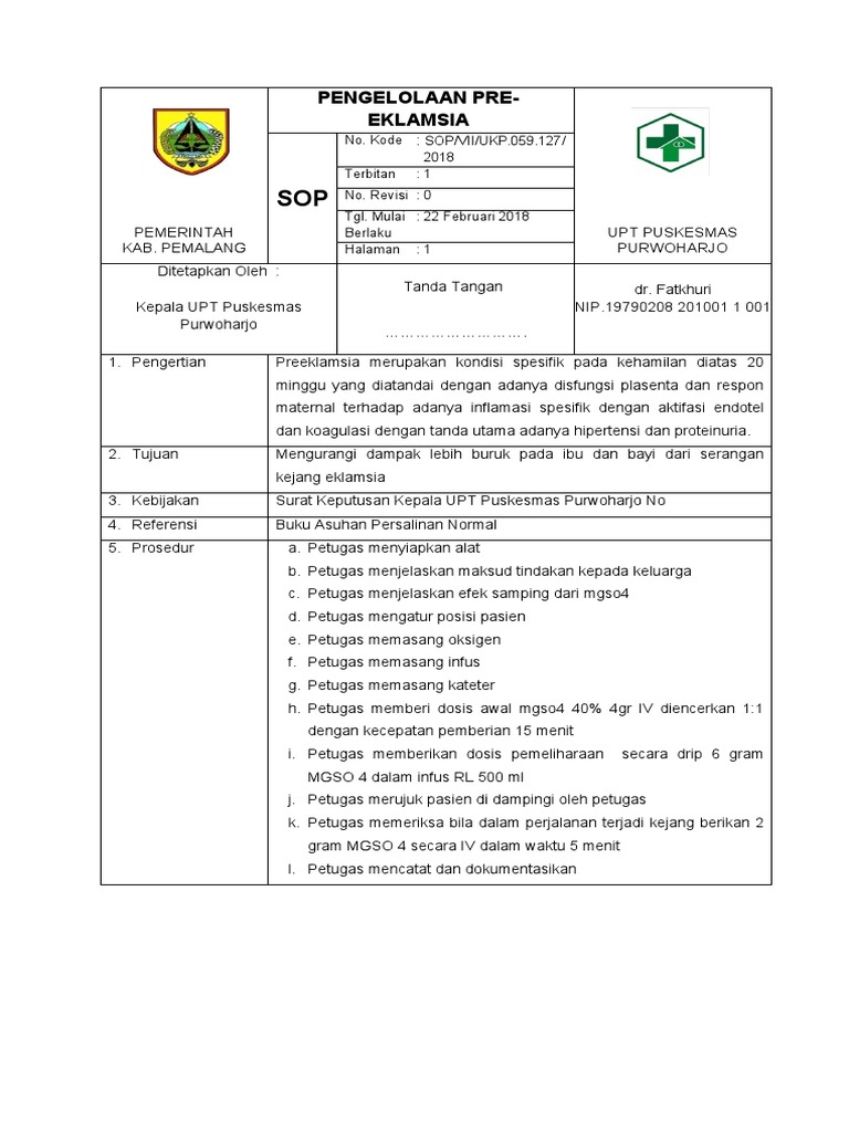 SOP Penatalaksanaan Pre-Eklamsia | PDF