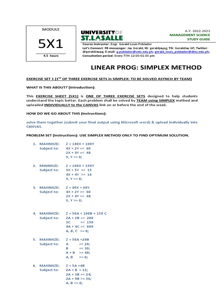 Team Exercise 5 2022-23 - Exercise Set Simplex - Set 1 of 3 | PDF | Theoretical Computer Science ...