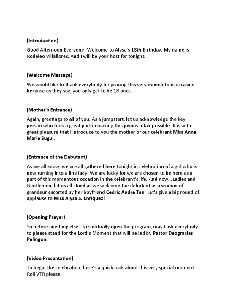 Script For Debut | PDF | Birthdays | Desserts