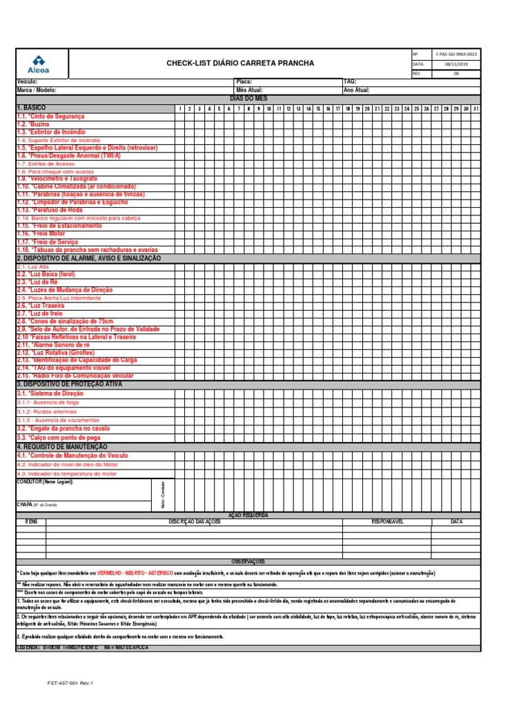 Check-list Diário para Carreta Prancha | PDF