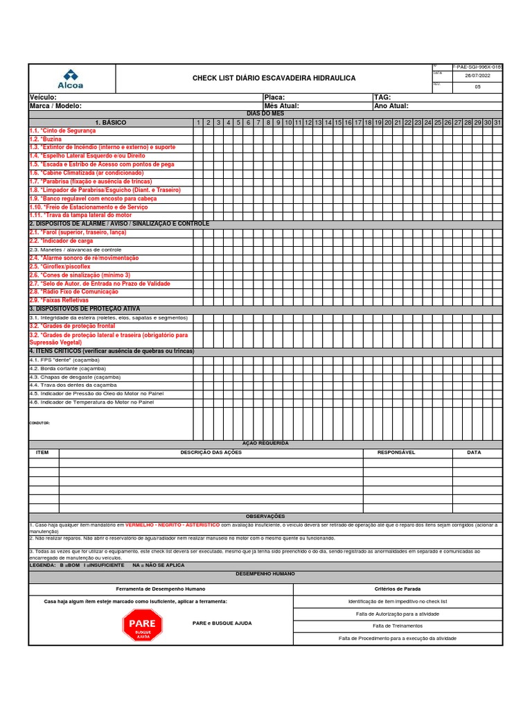 Check-List Diário Escavadeira Hidraulica | PDF | Dor