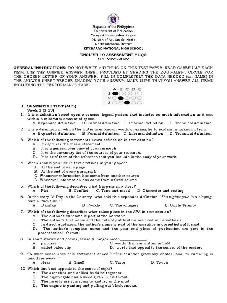 Sample ENGLISH 10 Q2 TQ - SUMMATIVE 1 2021 Edited | Download Free PDF | Adjective | Adverb