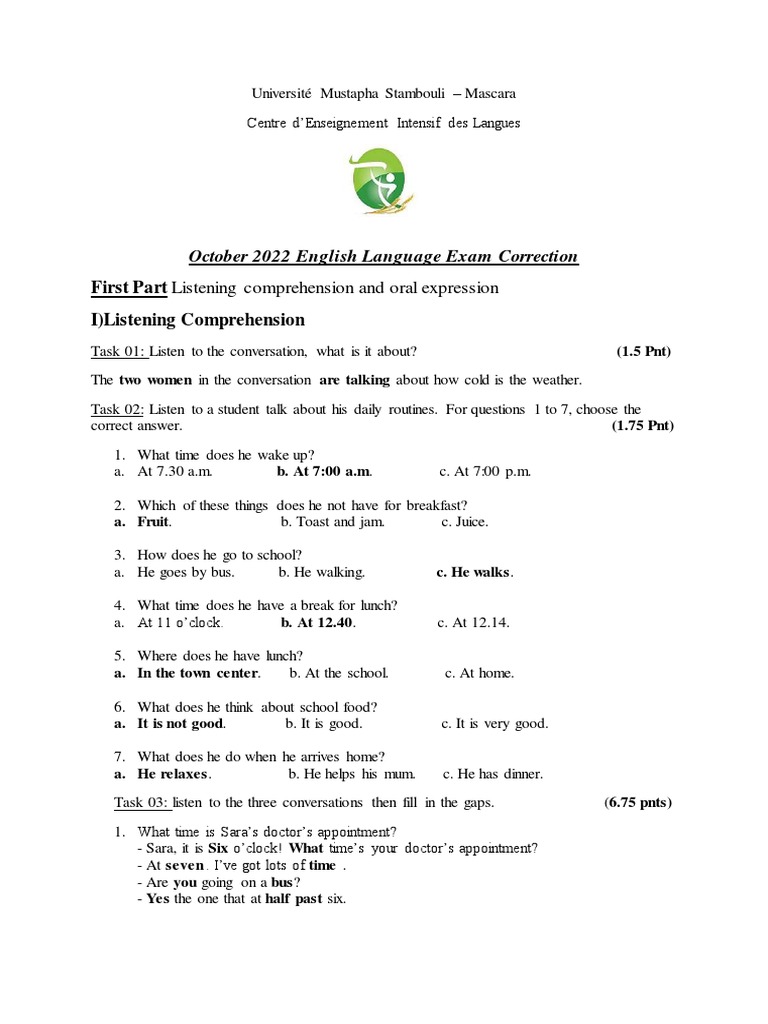 English Exam Correction Guide 2022 | PDF | Teachers | Cognitive Science