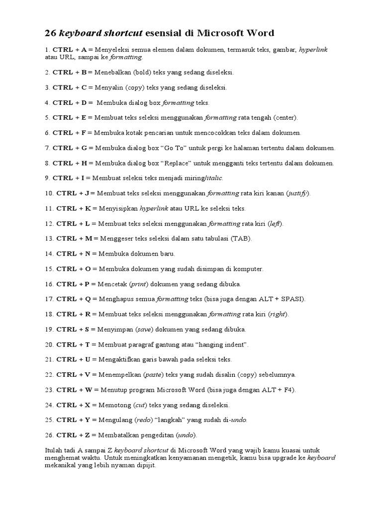 26 Shortcut Penting Microsoft Word | PDF | Metode & Bahan Ajar