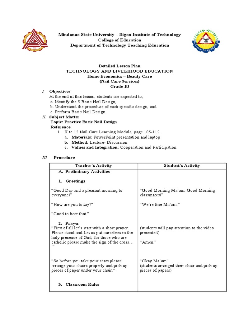 Detailed Lesson Plan Basic Nail Design | PDF | Lesson Plan | Teachers